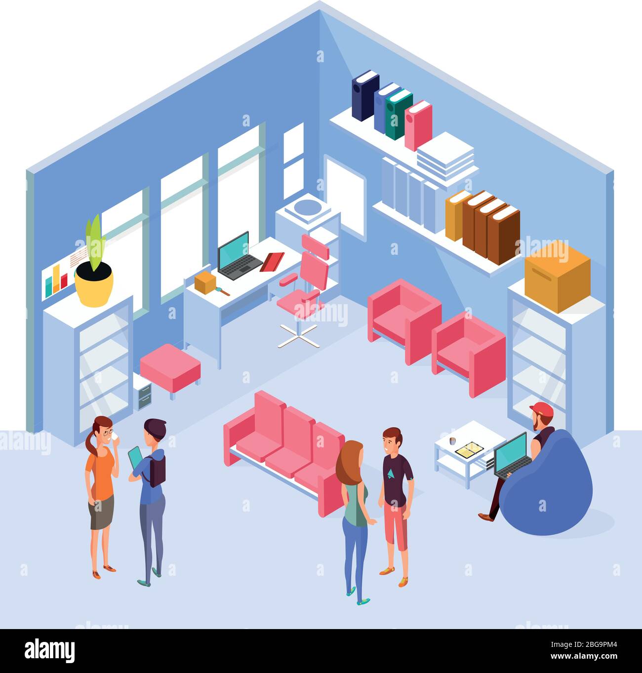 Isometric home office interior. 3d workspace with computer and ...