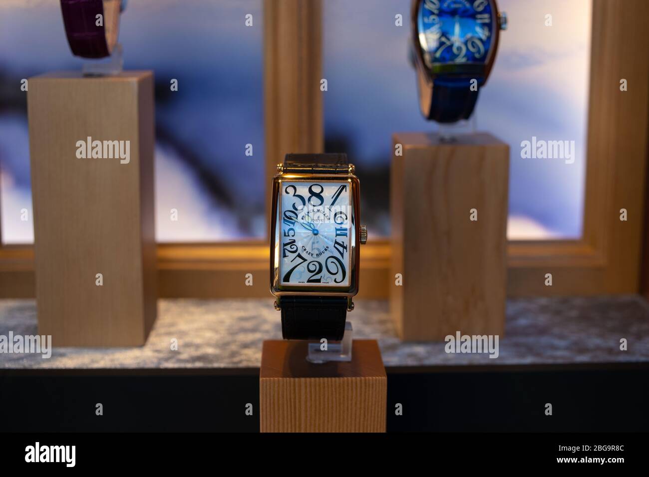 Geneva, Switzerland, March 2020 Franck Muller watch, window store with ...