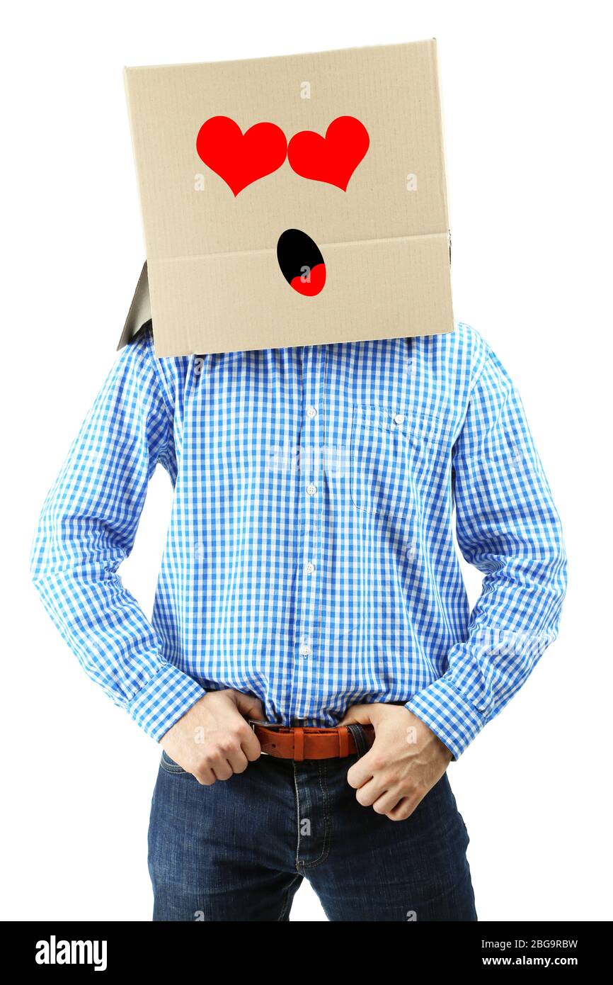 Man with cardboard box on his head isolated on white Stock Photo - Alamy