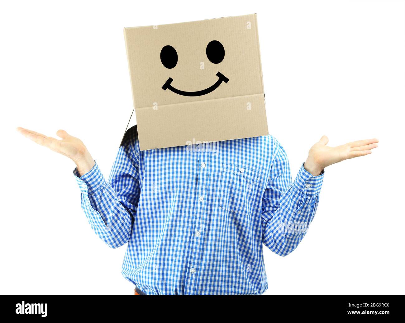 Man with cardboard box on his head isolated on white Stock Photo - Alamy