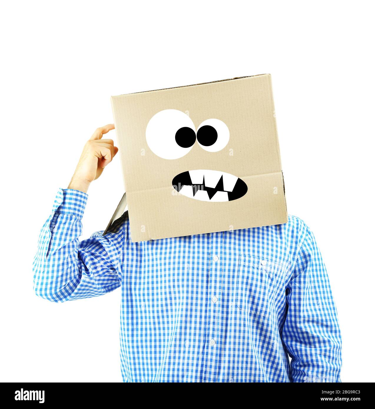 Man with cardboard box on his head isolated on white Stock Photo - Alamy