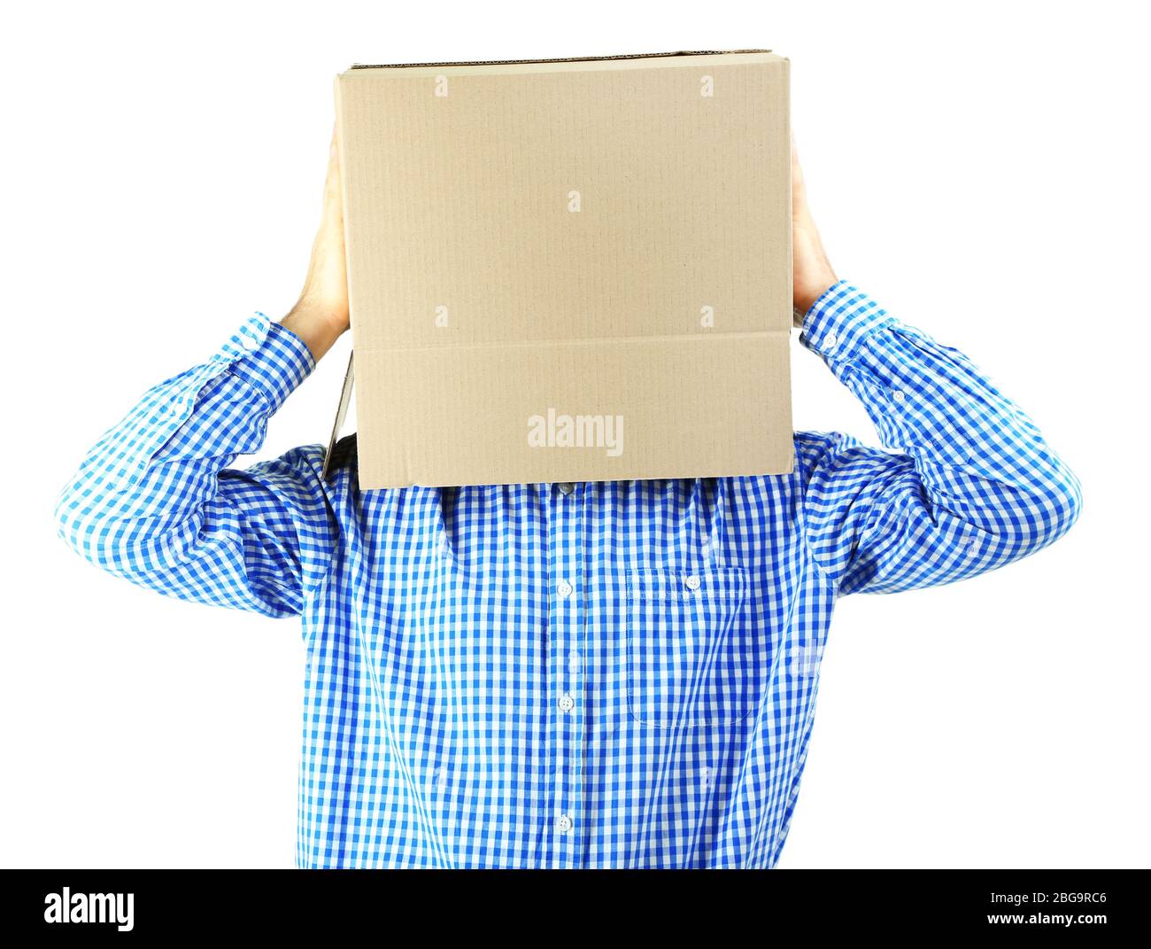 Man with cardboard box on his head isolated on white Stock Photo - Alamy