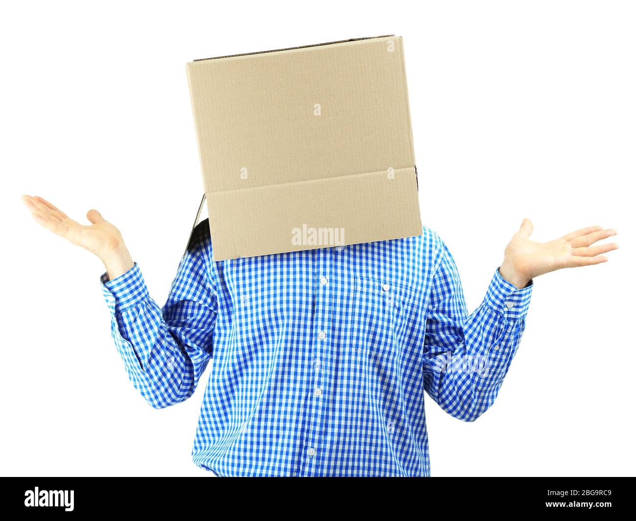 Man with cardboard box on his head isolated on white Stock Photo - Alamy