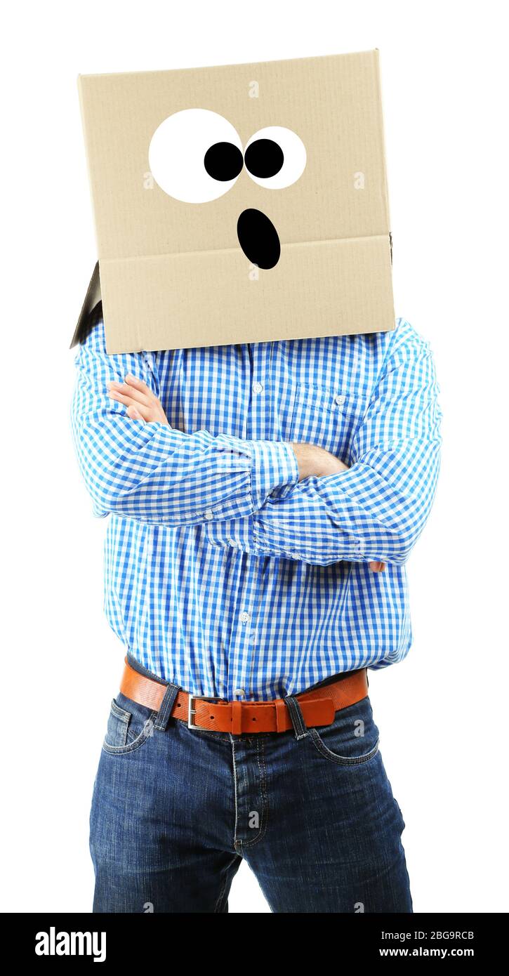 Man with cardboard box on his head isolated on white Stock Photo - Alamy