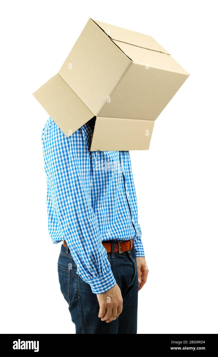 Man with cardboard box on his head isolated on white Stock Photo - Alamy
