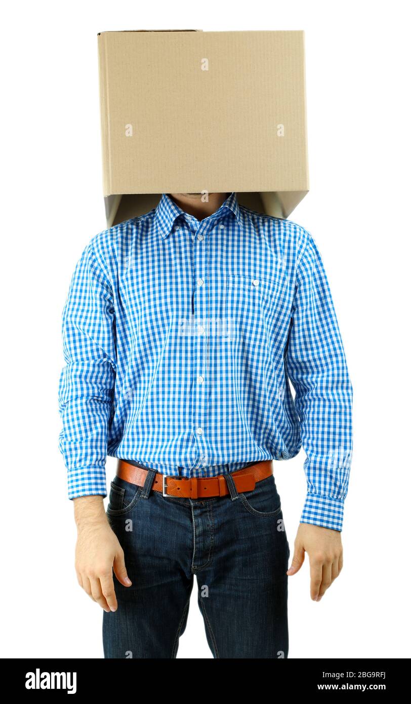 Man with cardboard box on his head isolated on white Stock Photo - Alamy