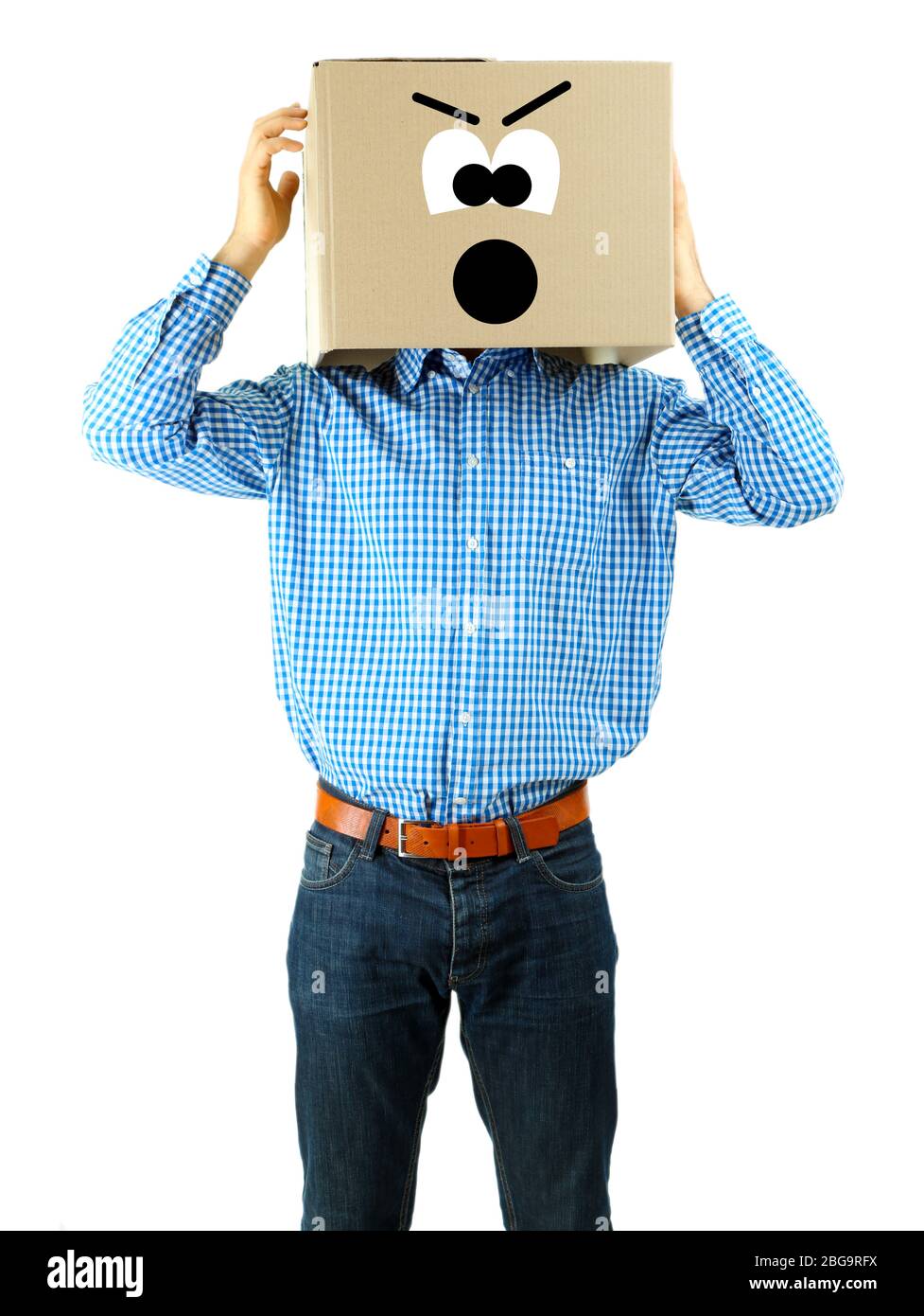 Man with cardboard box on his head isolated on white Stock Photo - Alamy