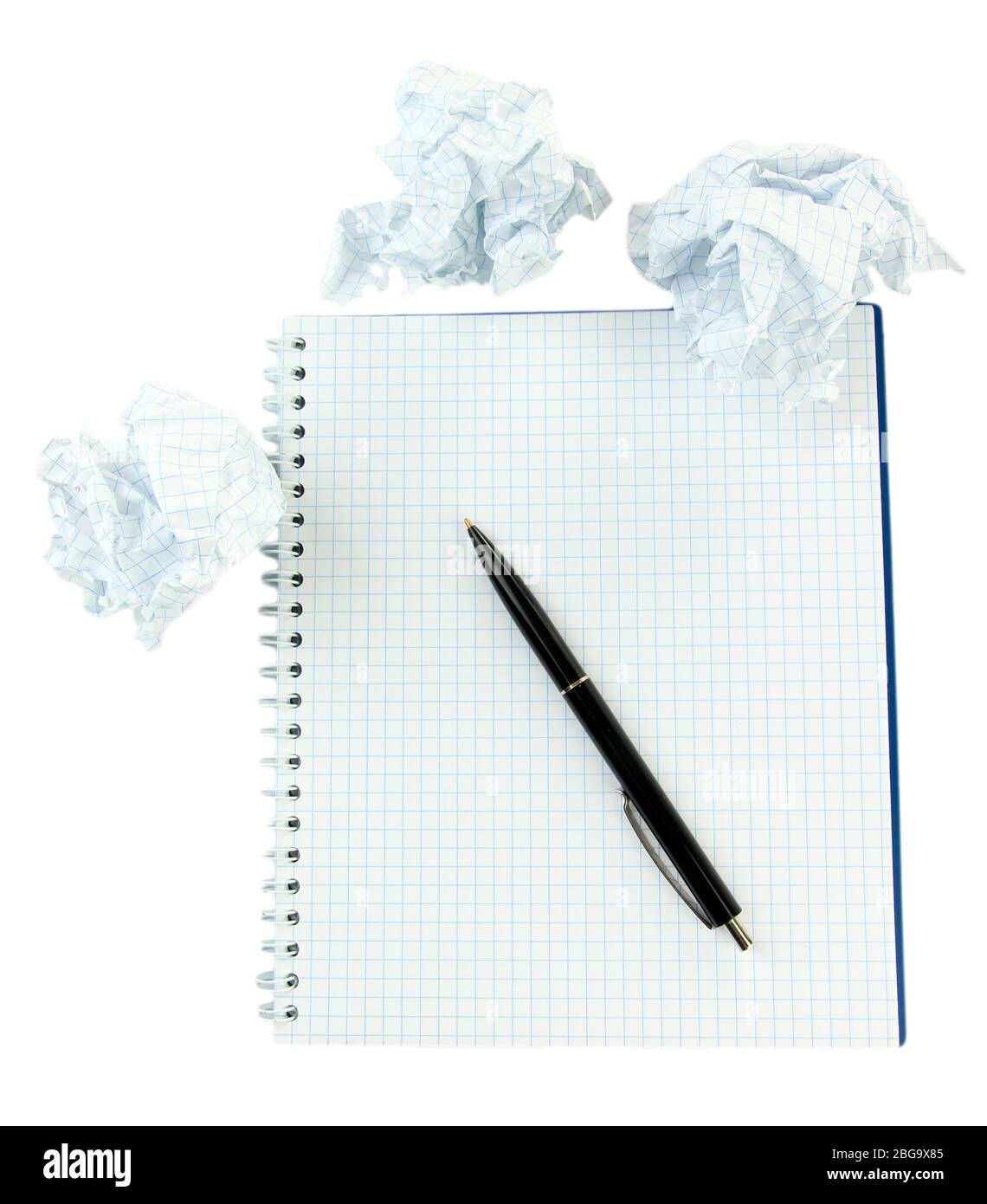 Crumpled paper balls with notebook and pen isolated on white Stock ...