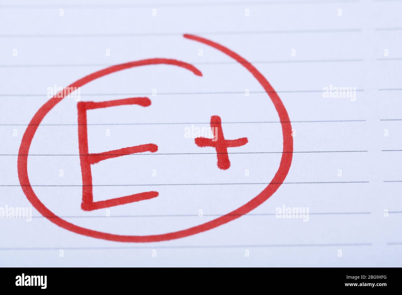 Grade E+ written on an exam paper Stock Photo - Alamy
