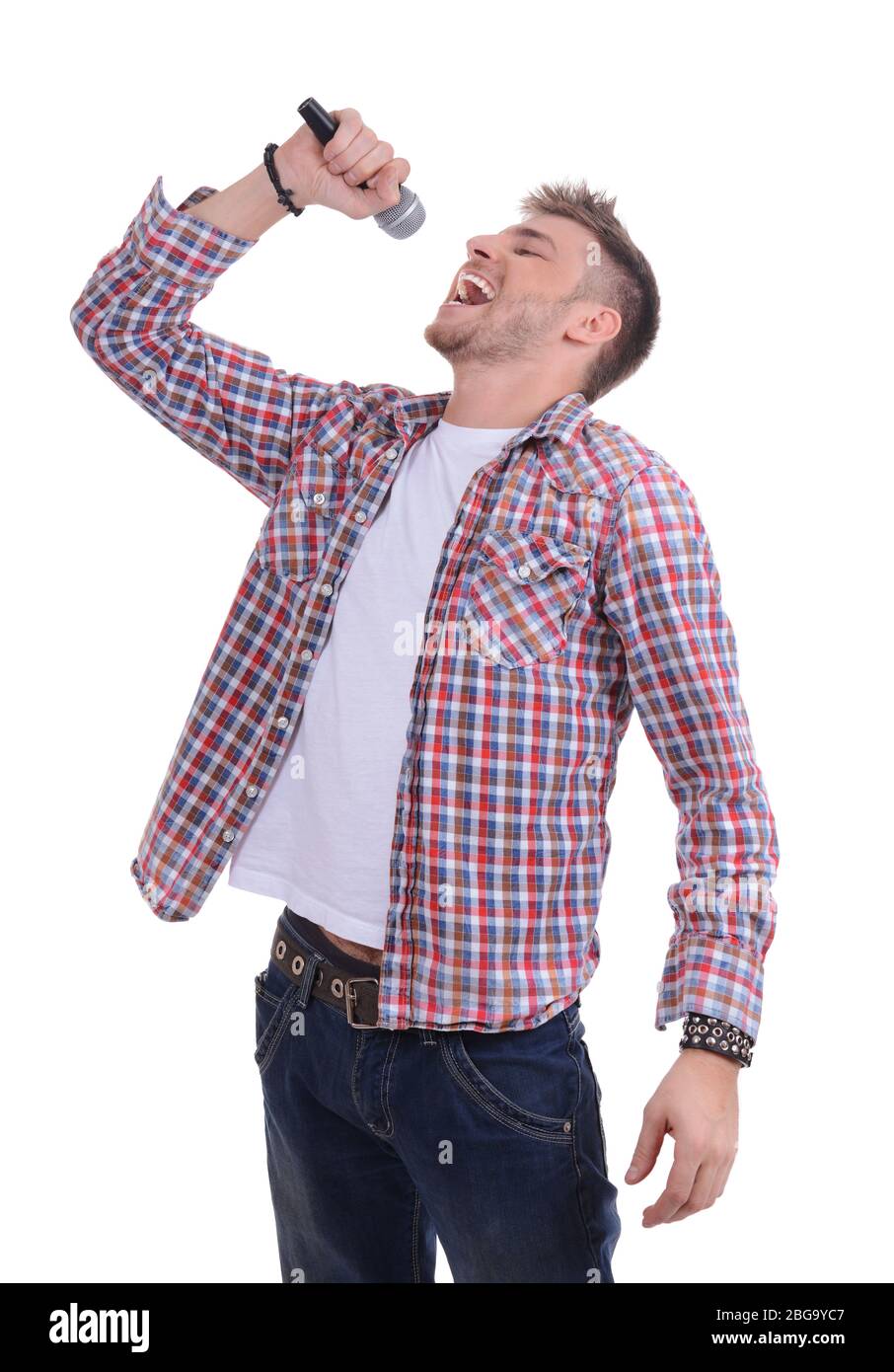 Young musician singing, isolated on white Stock Photo - Alamy