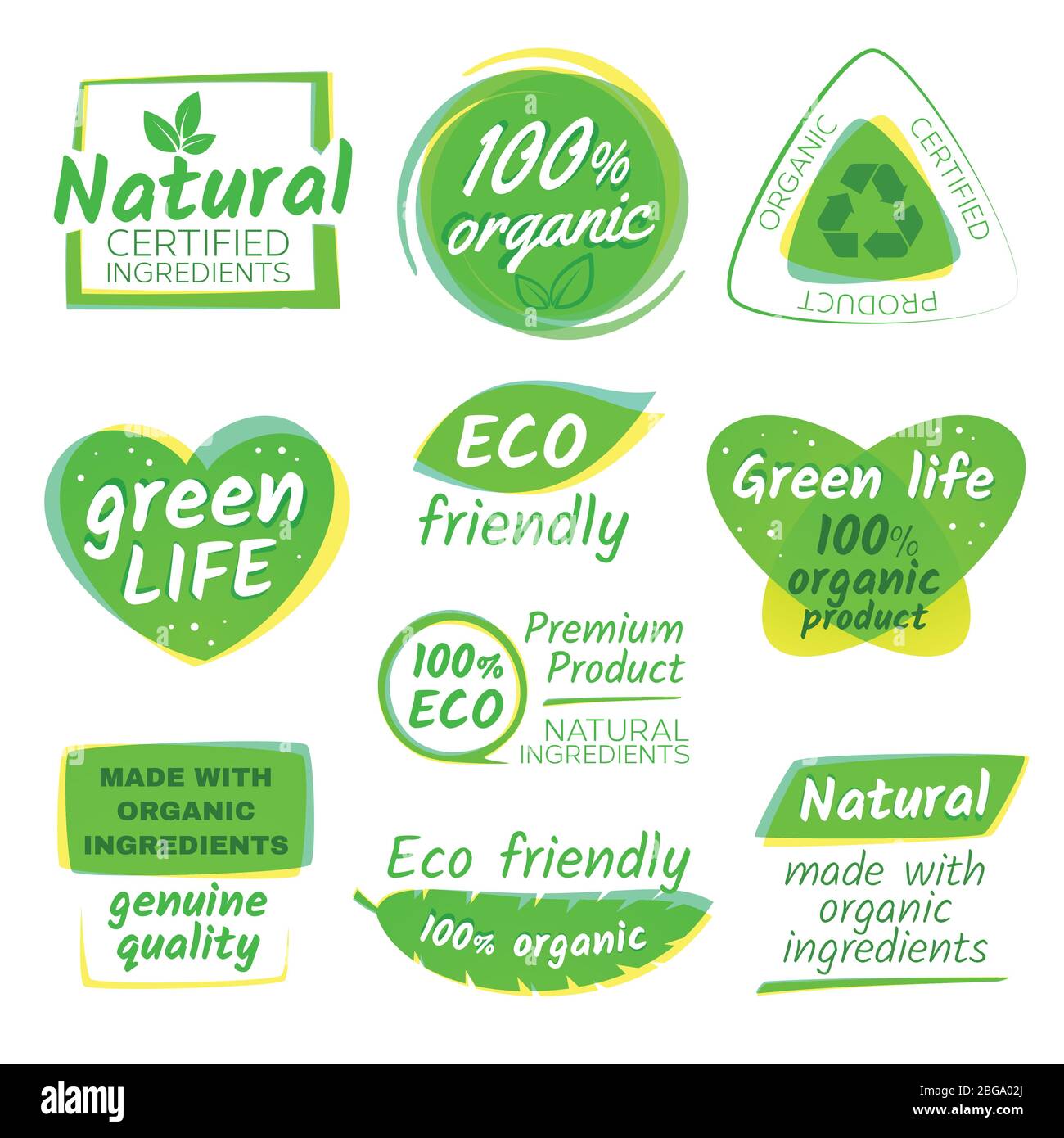 Healthy eco vegetarian food organic vector logos and products stickers ...