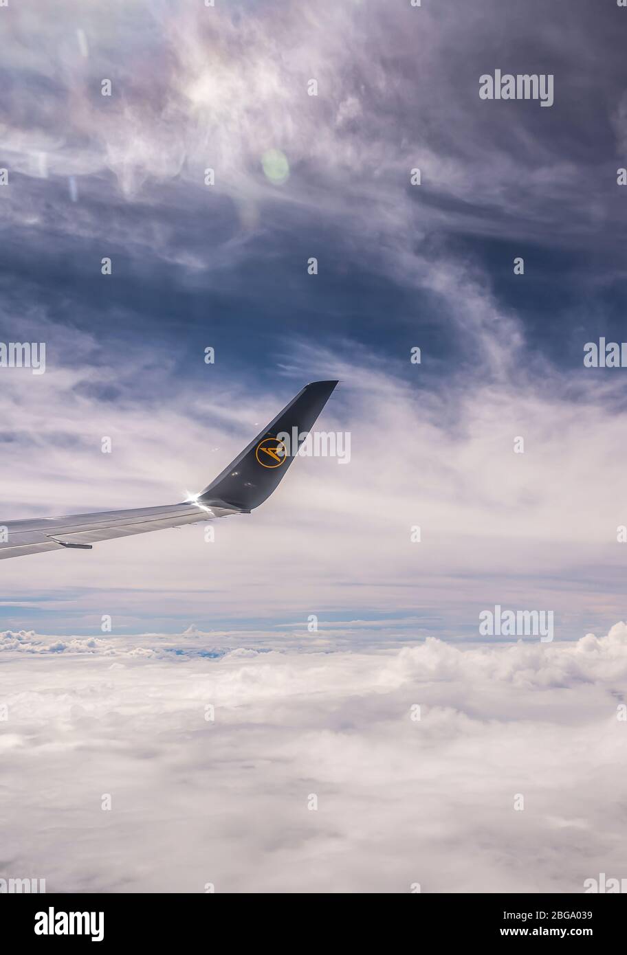 Frankfurt Germany 18.11.19 Condor Air wing of airplane in the sky ...