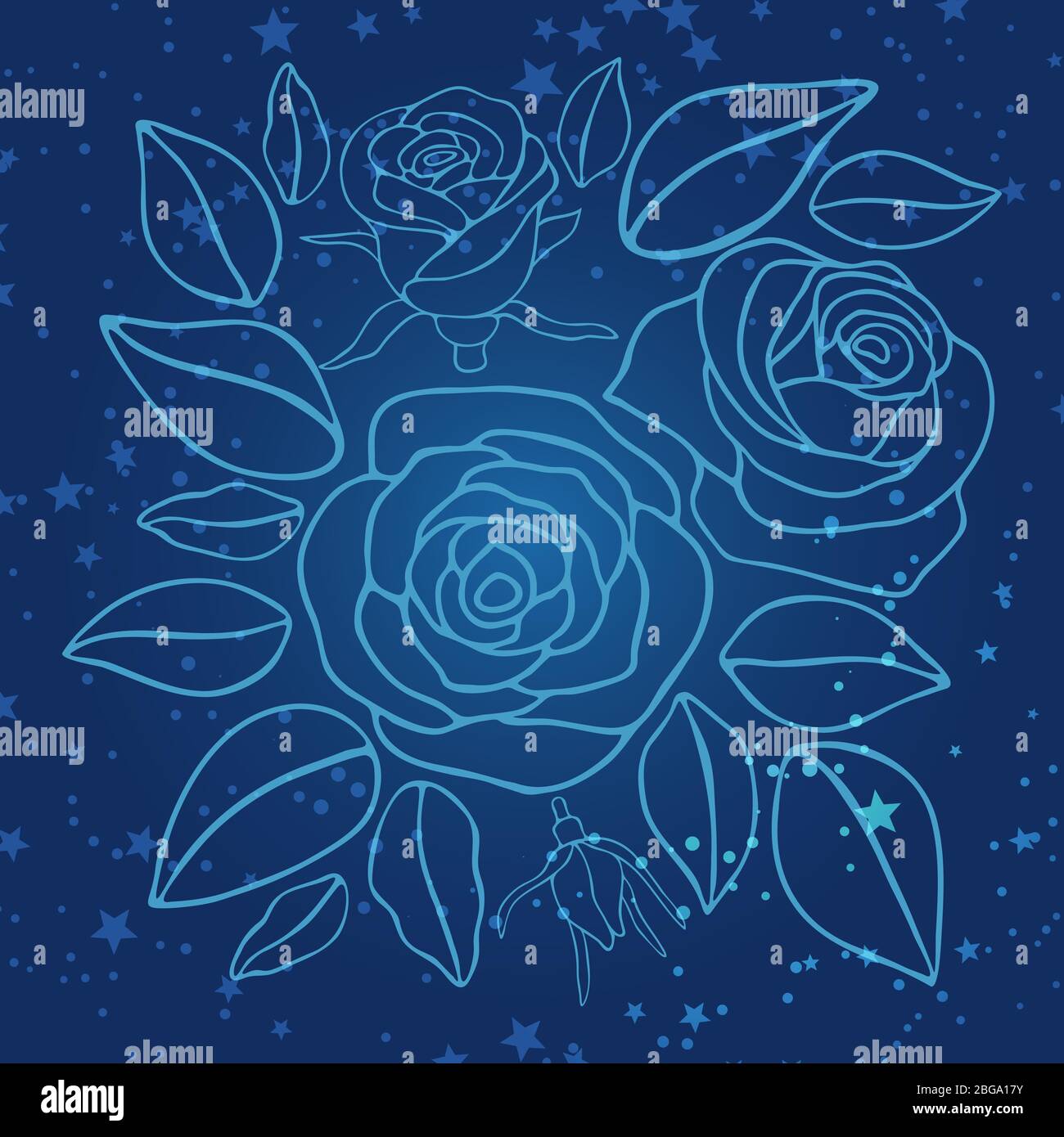 Hand drawn blue roses and stars background design. Vector illustration ...