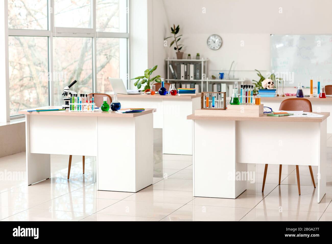 Interior of classroom prepared for chemistry lesson in modern school ...