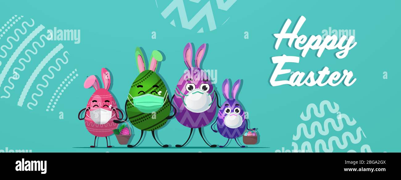 colorful decorated eggs with rabbit ears in medical masks happy easter ...