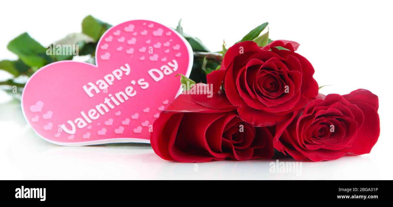 Beautiful red roses with card isolated on white Stock Photo - Alamy