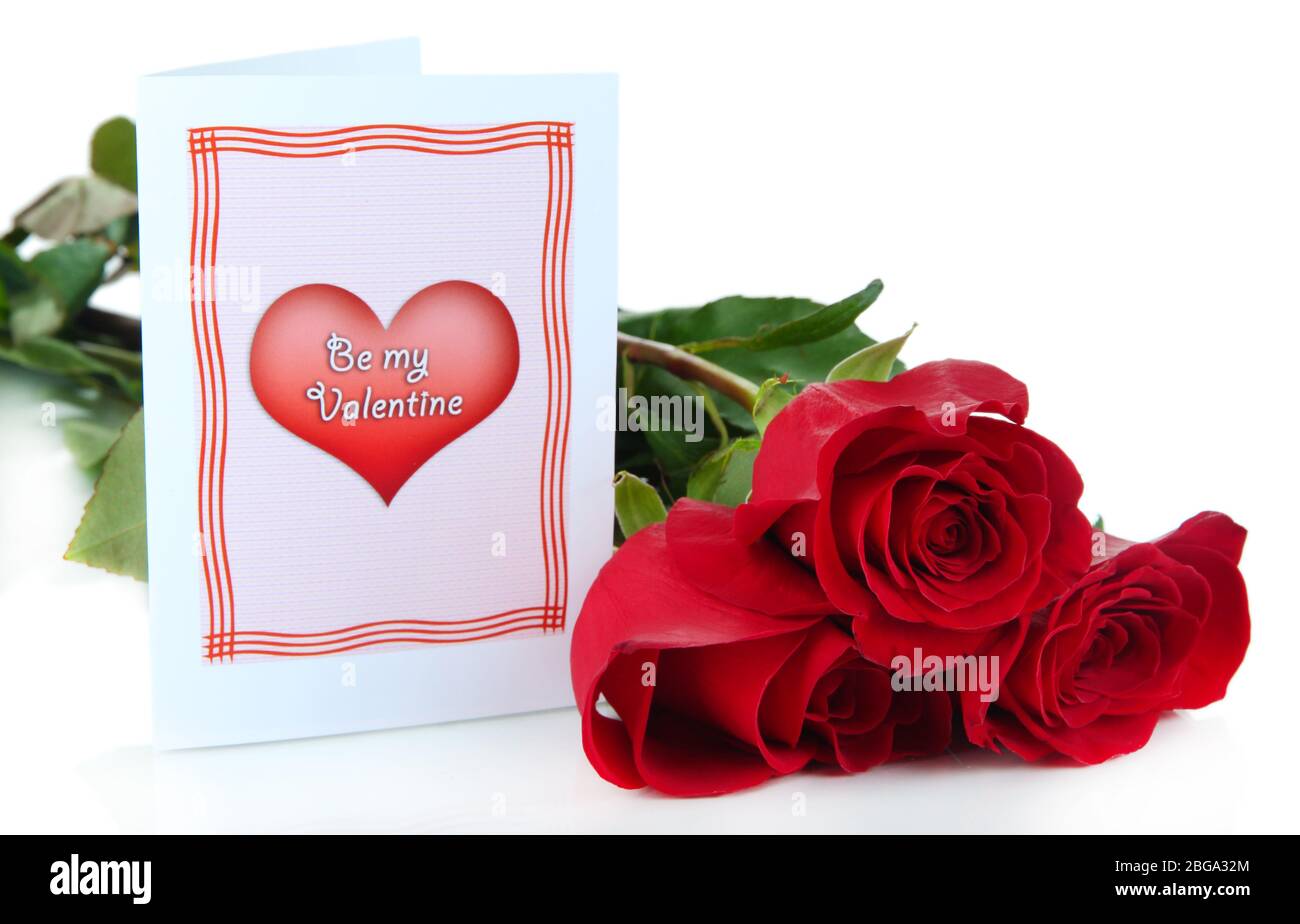 Beautiful red roses with card isolated on white Stock Photo - Alamy