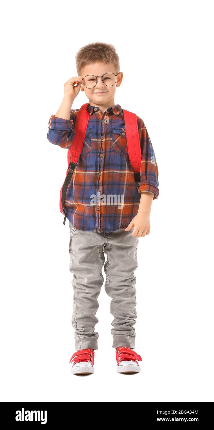 Cute little boy with backpack on white background Stock Photo - Alamy