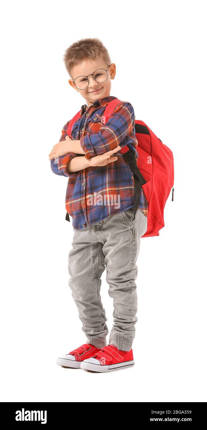 Cute little boy with backpack on white background Stock Photo - Alamy