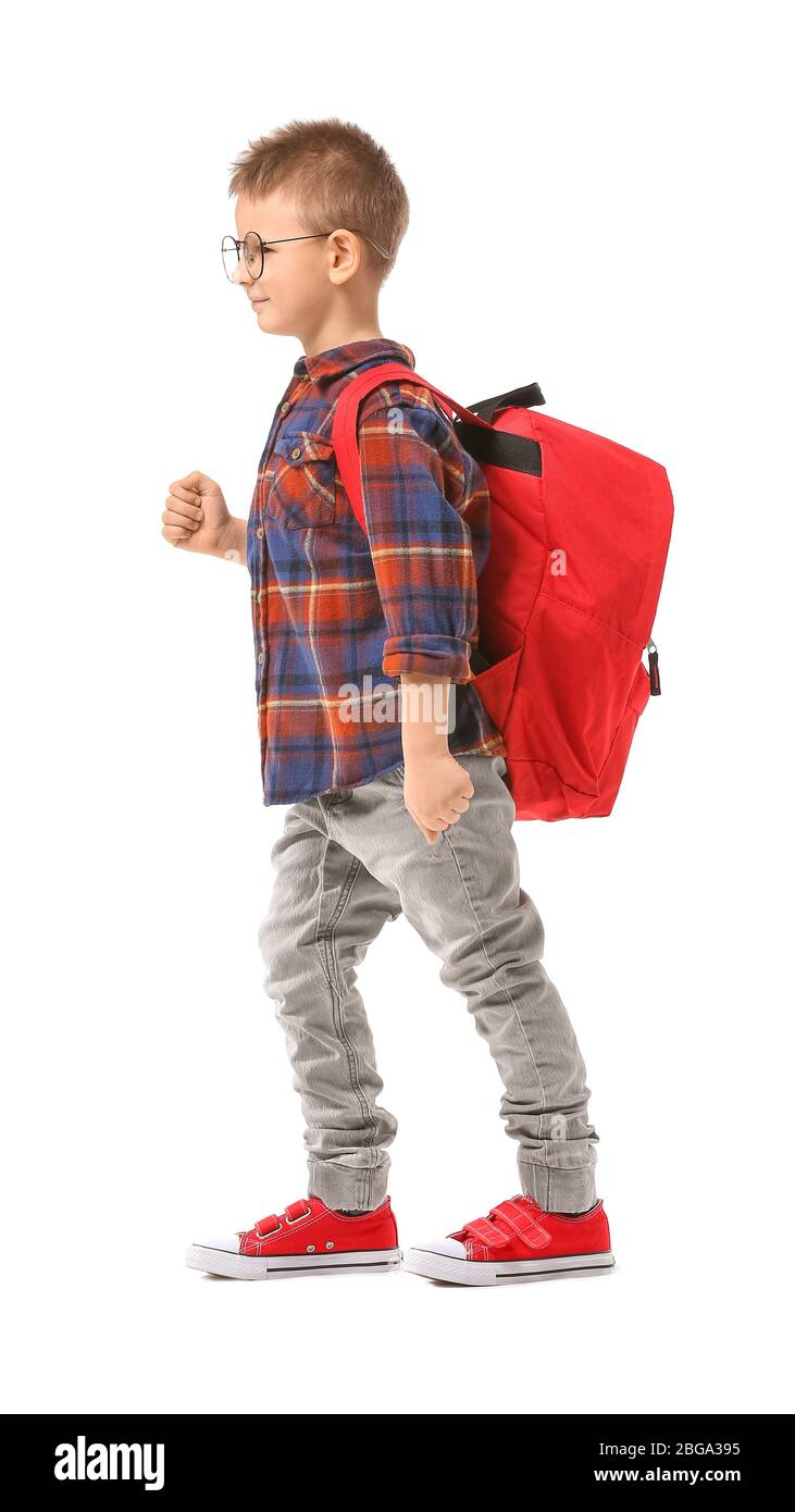 Cute little boy with backpack on white background Stock Photo - Alamy