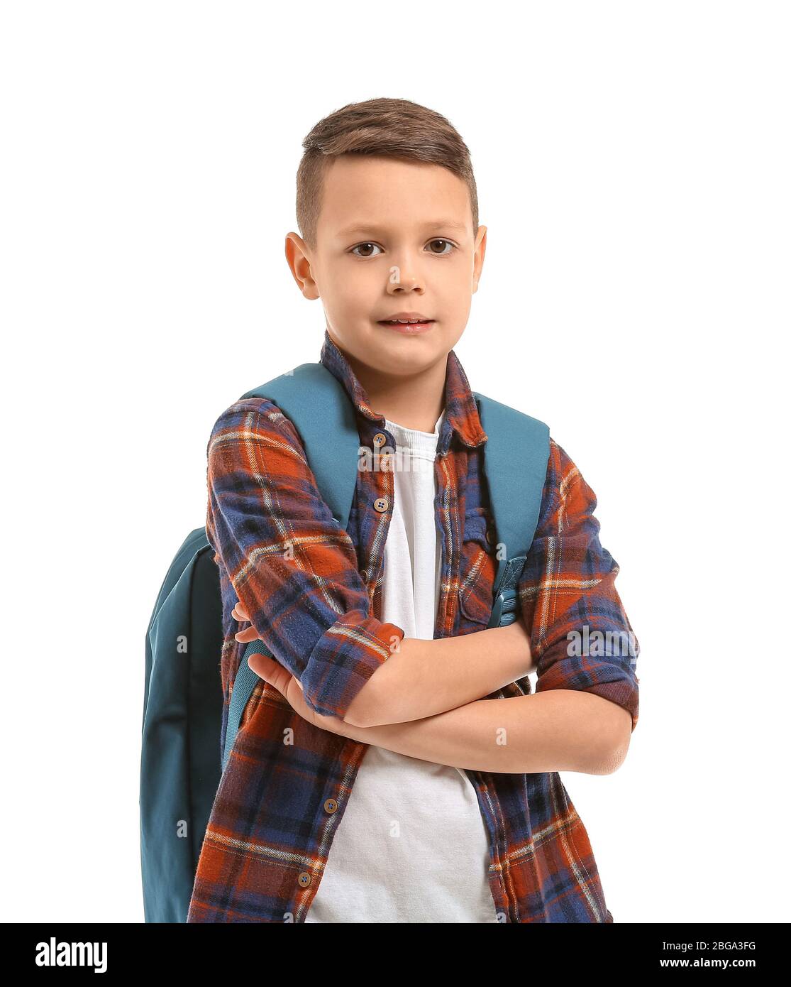 Cute little schoolboy on white background Stock Photo - Alamy