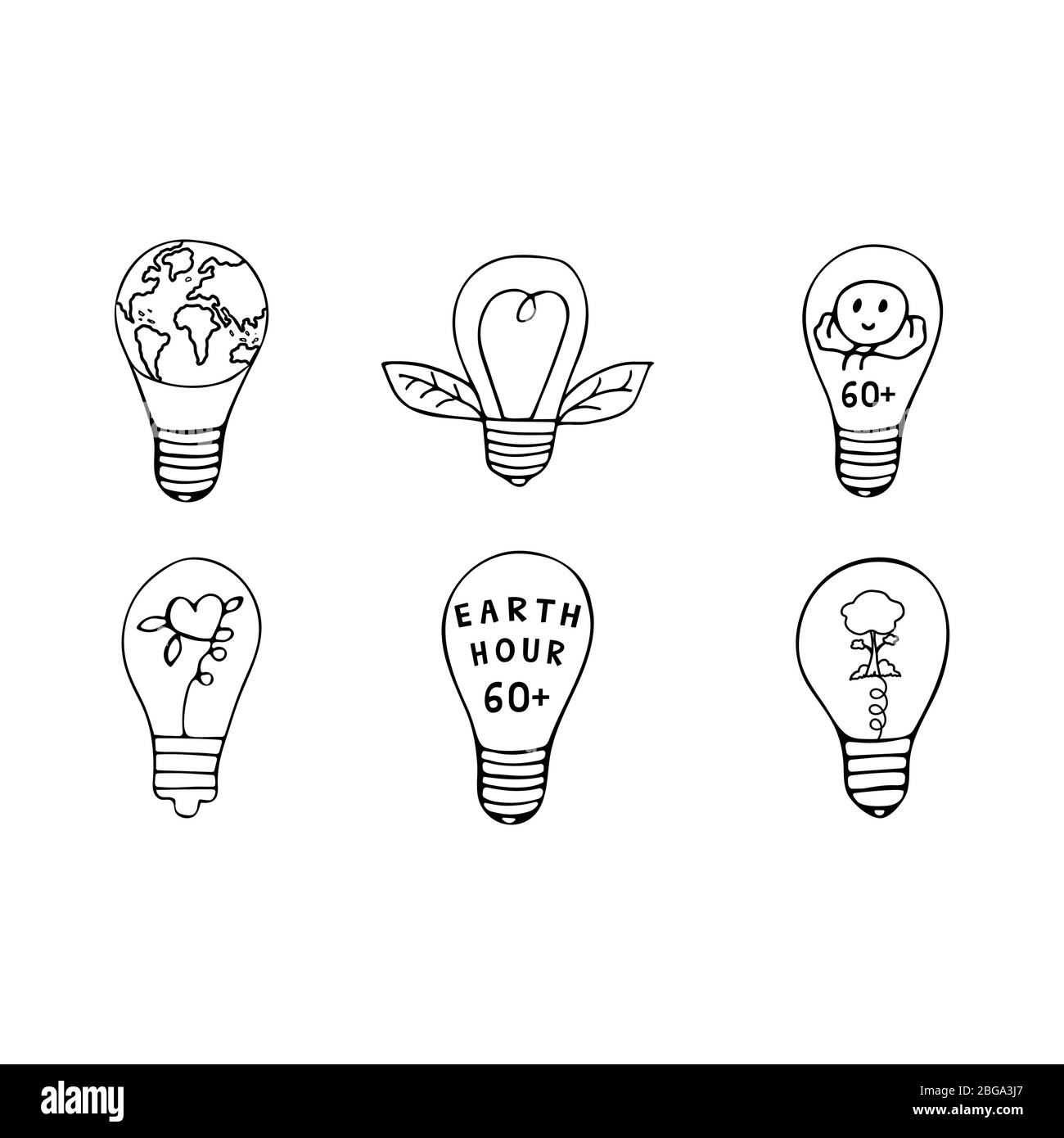 Earth Hour. Set Light bulbs with tree, heart, leaves. Save the planet ...