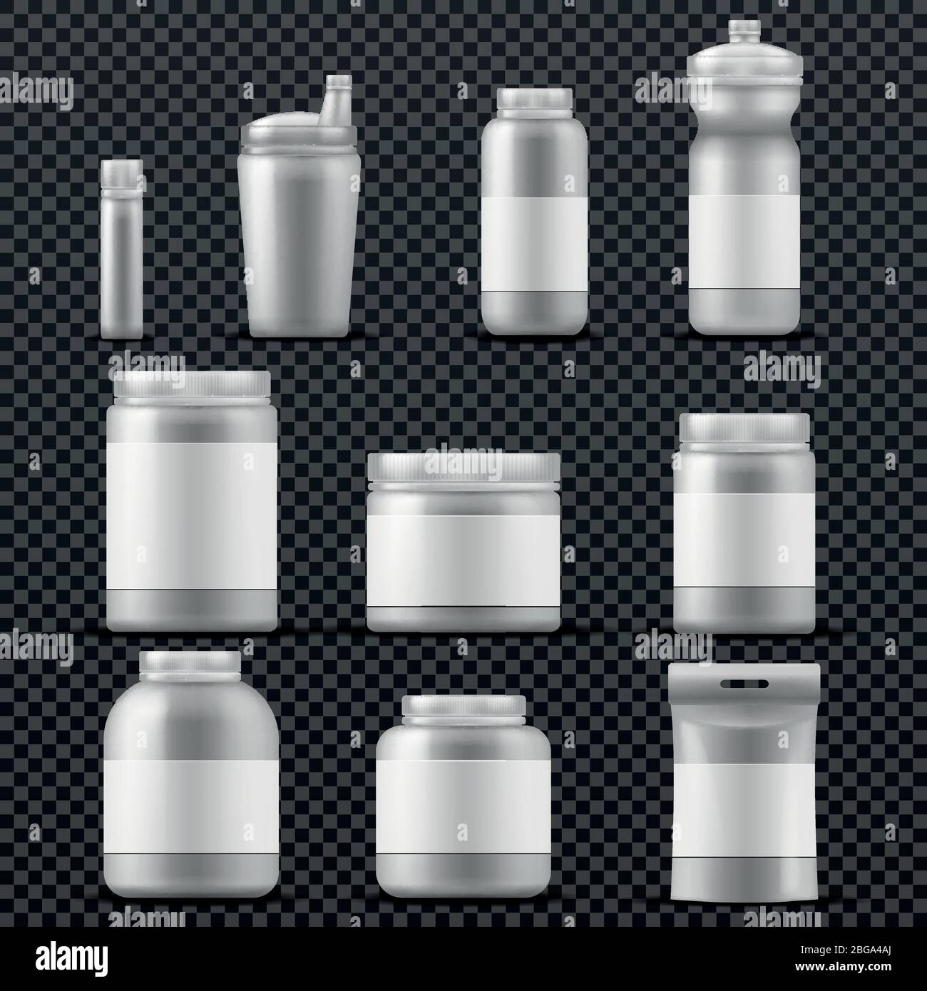 Sport supplement plastic jar containers for drinks and powder. Vector ...