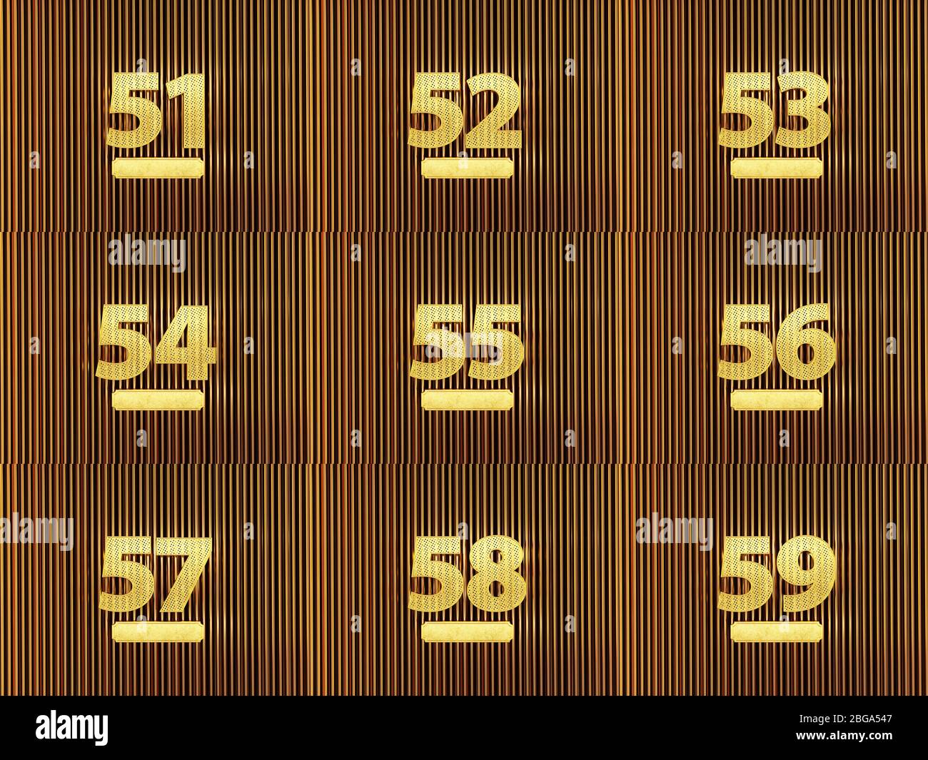 Set of numbers from fifty-one to fifty-nine perforated with small holes ...