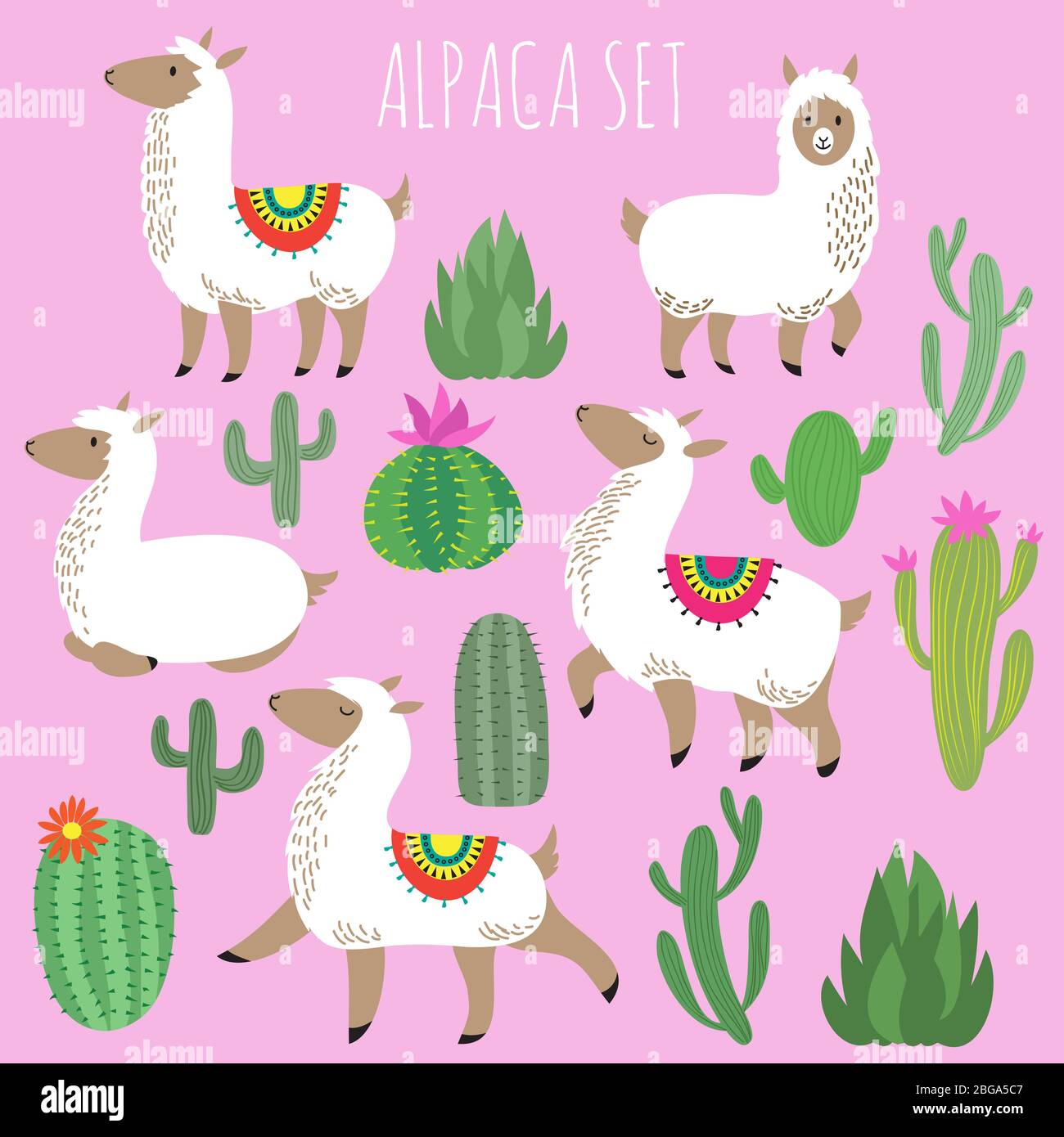 Mexican white alpaca lamas and desert plants vector set. Cartoon lama animal and nature cactus ...