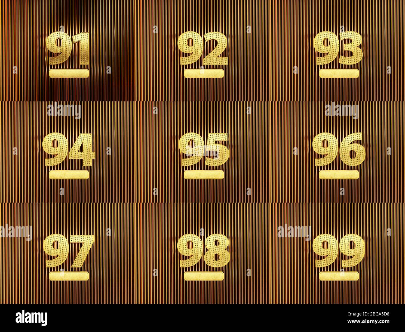 Set of numbers from ninety-one to ninety-nine perforated with small ...