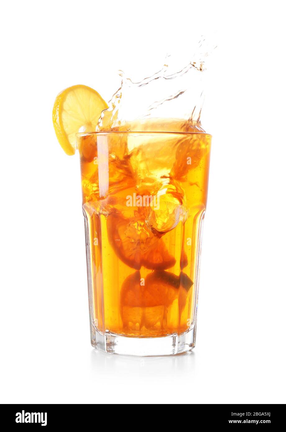 Glass of tasty cold ice tea with splash on white background Stock Photo ...