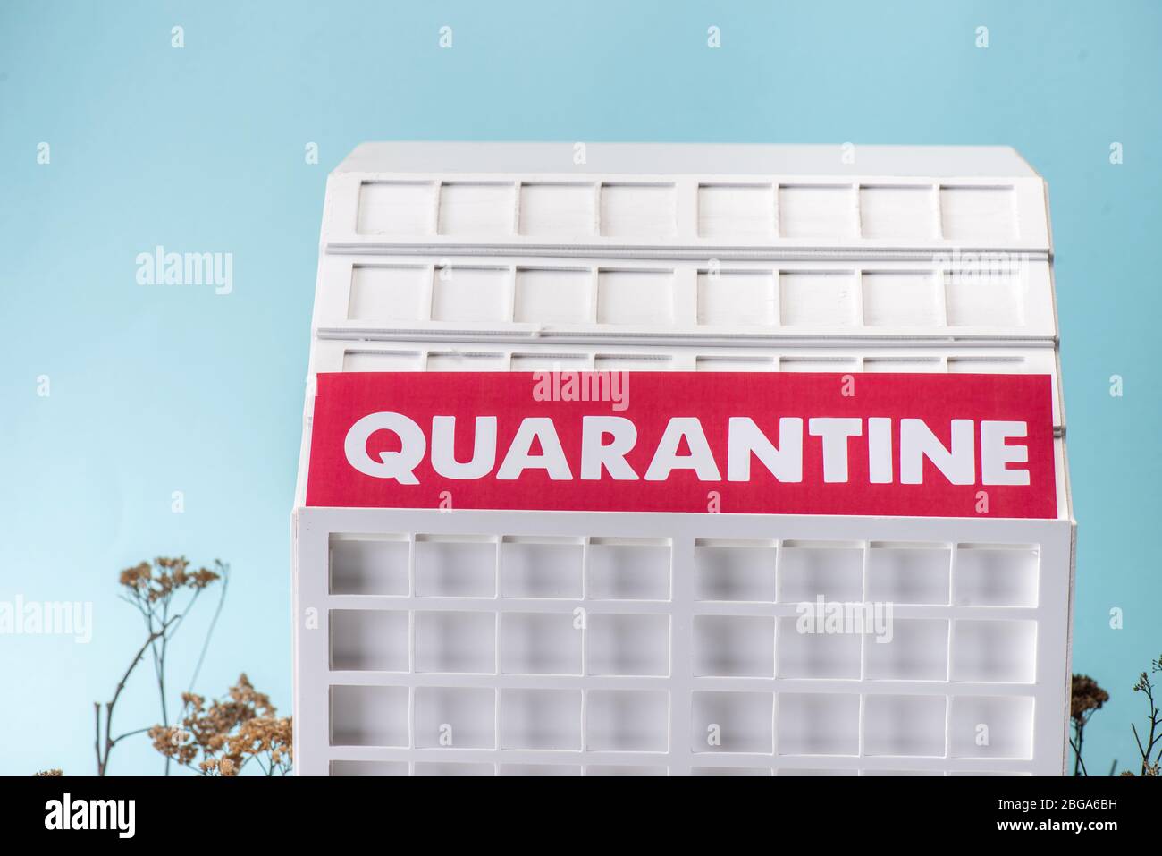 carton hospital model with quarantine lettering isolated on blue Stock ...