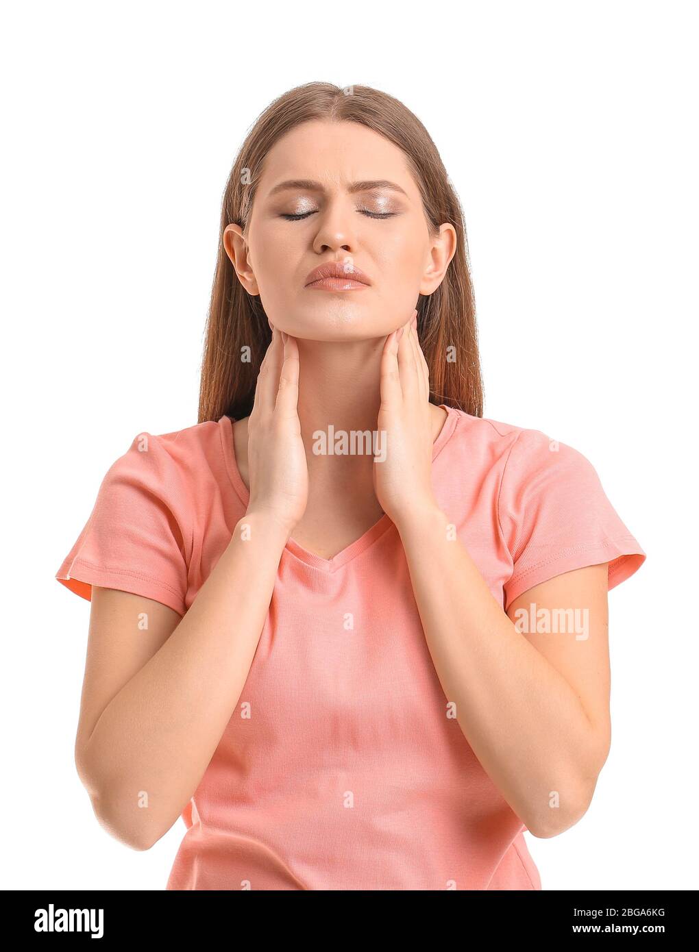 Young woman with thyroid gland problem on white background Stock Photo ...