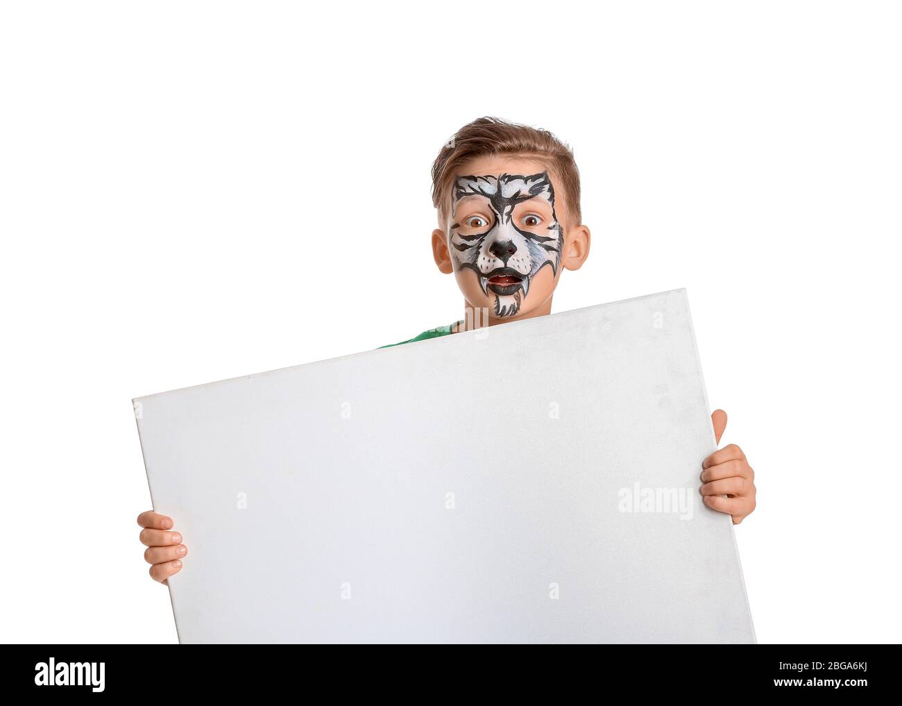 Funny little boy with face painting and blank poster on white ...