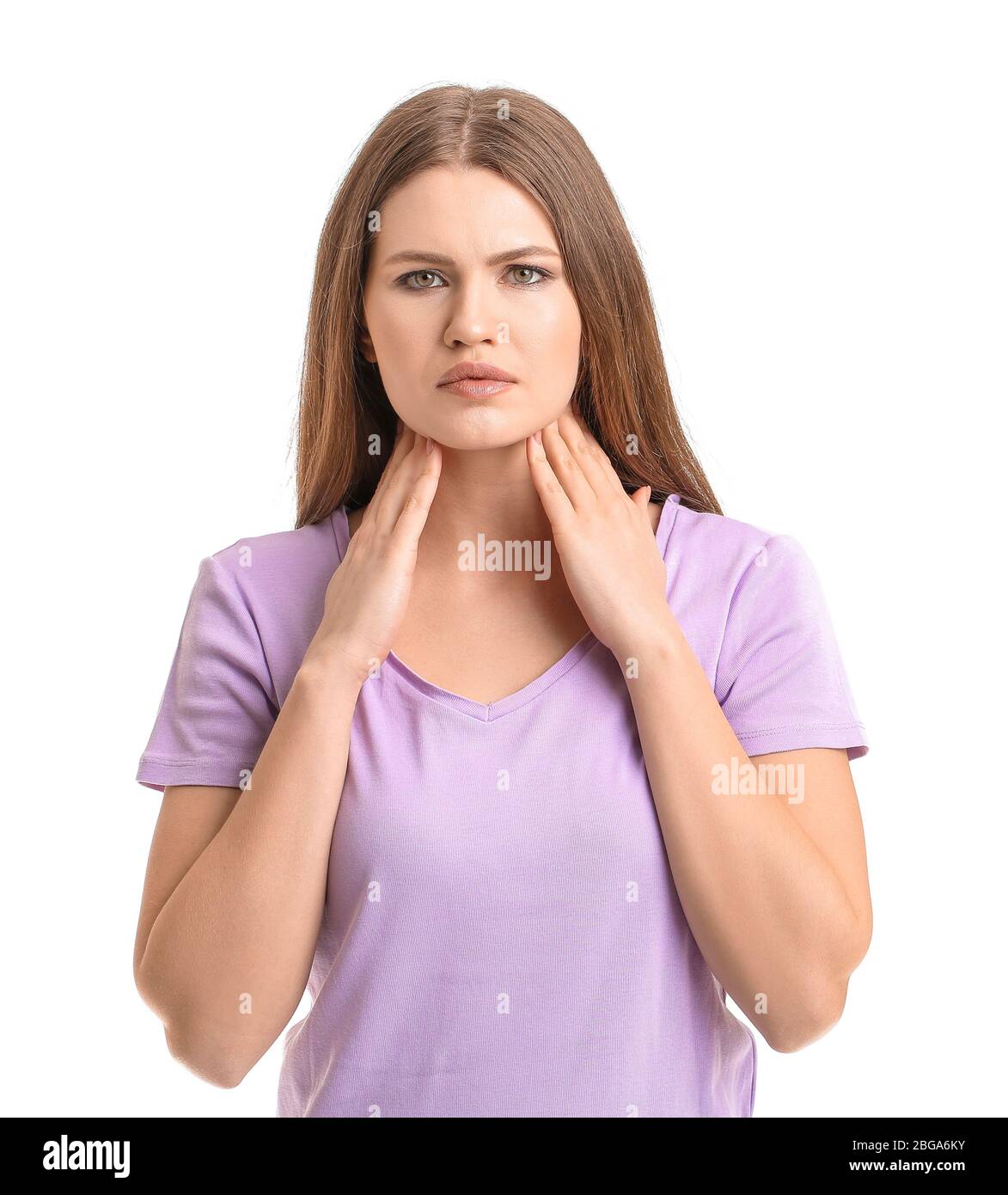 Young woman with thyroid gland problem on white background Stock Photo ...