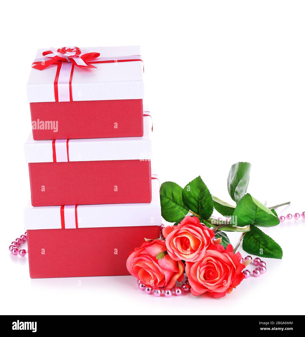 Beautiful gift boxes with flowers isolated on white Stock Photo - Alamy