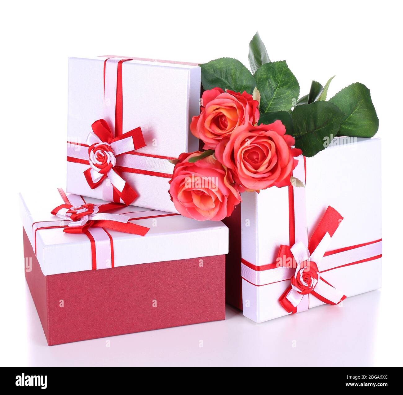 Beautiful gift boxes with flowers isolated on white Stock Photo - Alamy