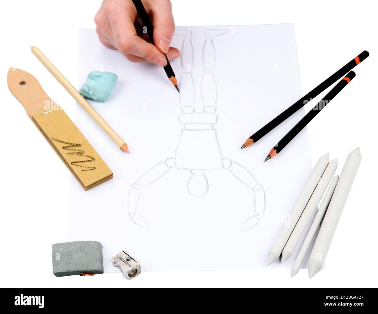 Hand draws a sketch with professional art materials, isolated on white ...