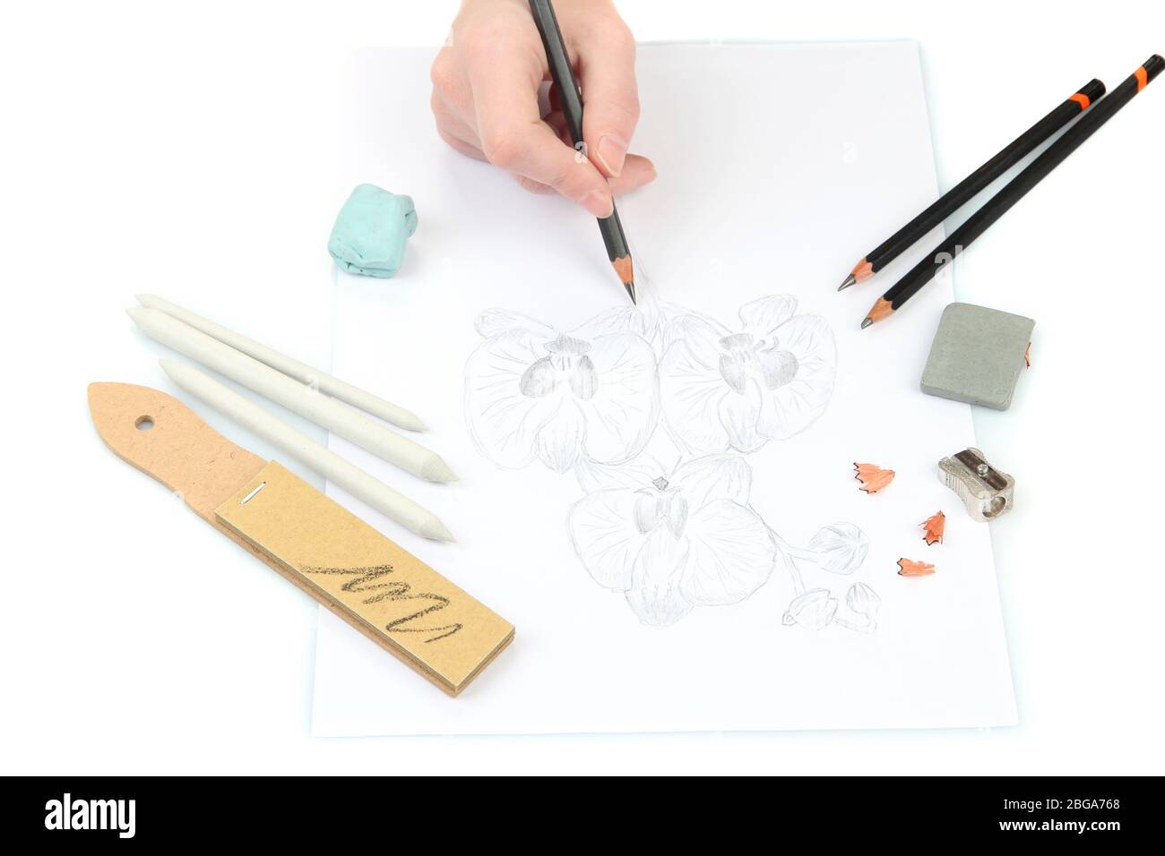 Hand draws a sketch with professional art materials, isolated on white ...