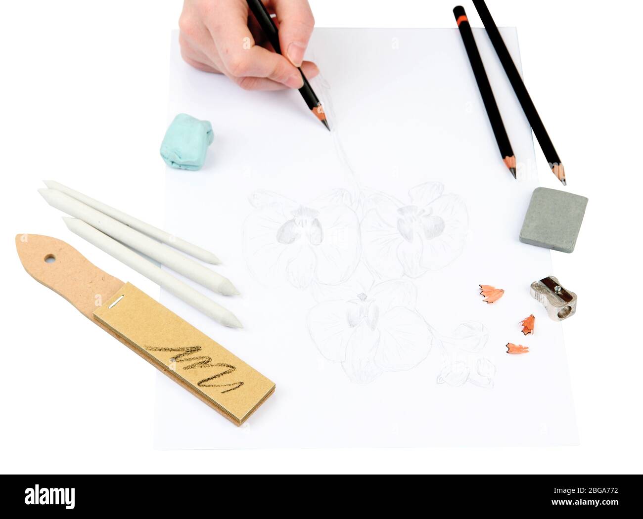 Hand draws a sketch with professional art materials, isolated on white ...