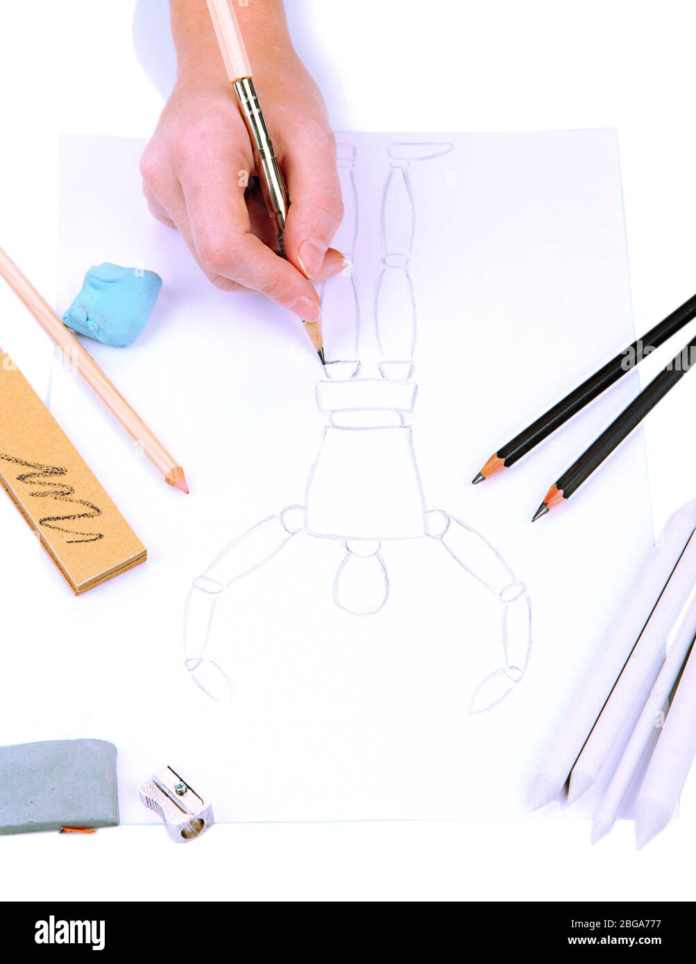 Hand draws a sketch with professional art materials, isolated on white ...