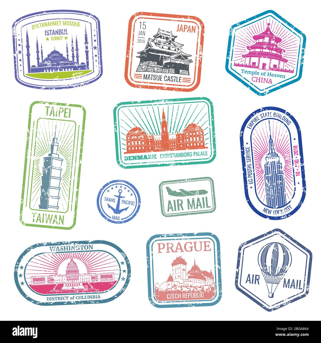 Vintage travel stamps with major monuments and landmarks vector set ...