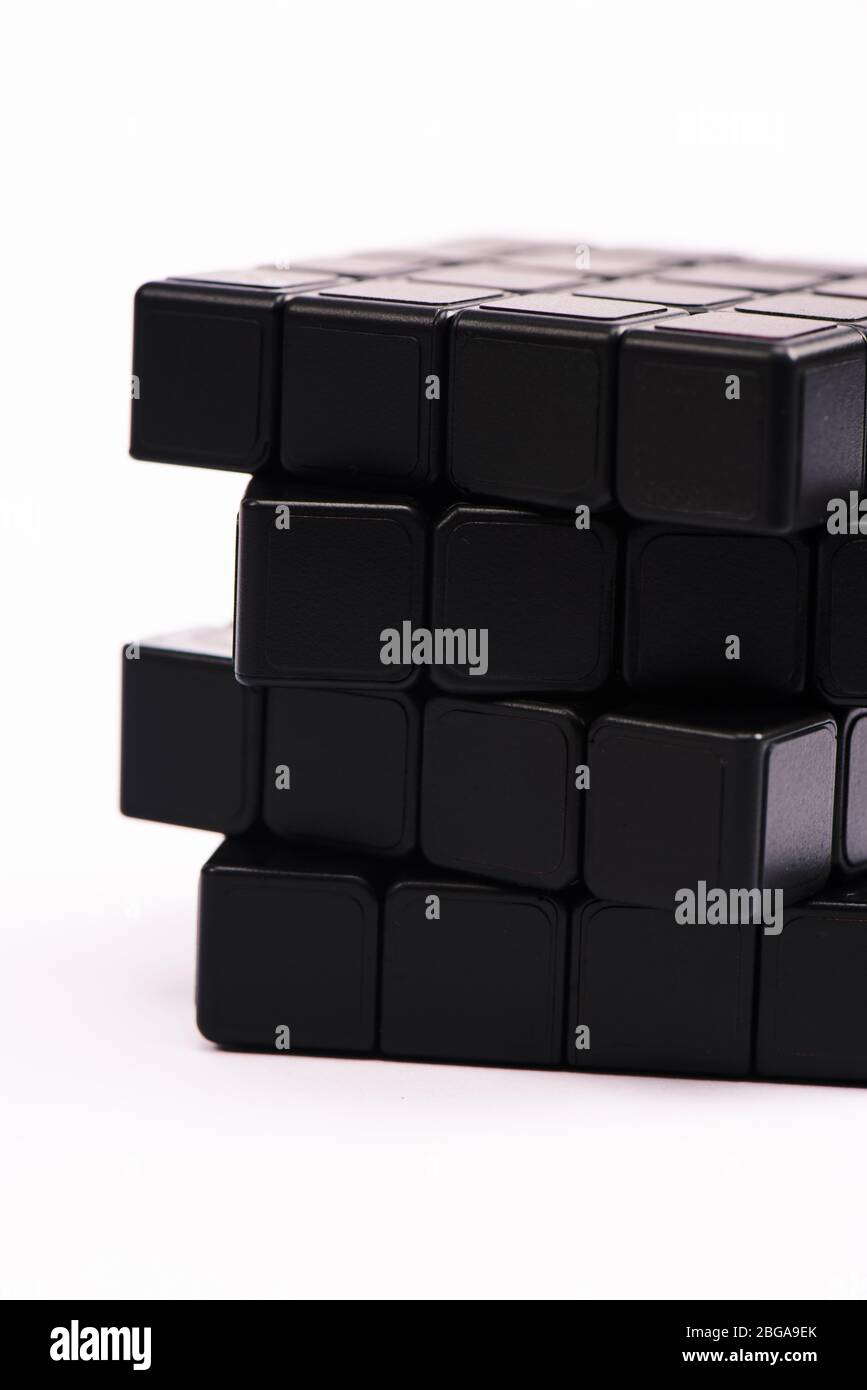 KYIV, UKRAINE - FEBRUARY 21, 2020: close up of black rubik cube ...