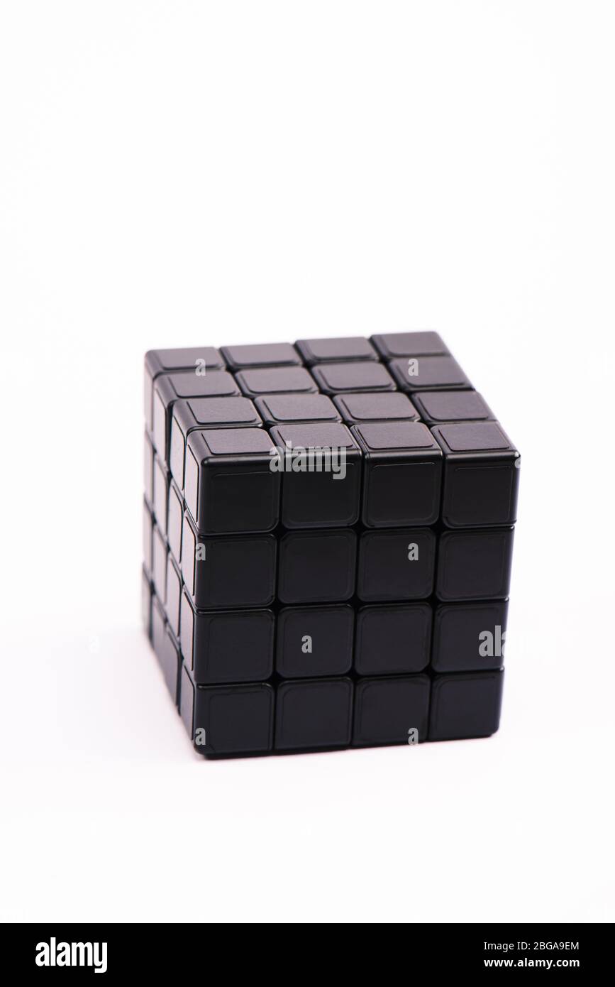 KYIV, UKRAINE - FEBRUARY 21, 2020: selective focus of black rubik cube ...