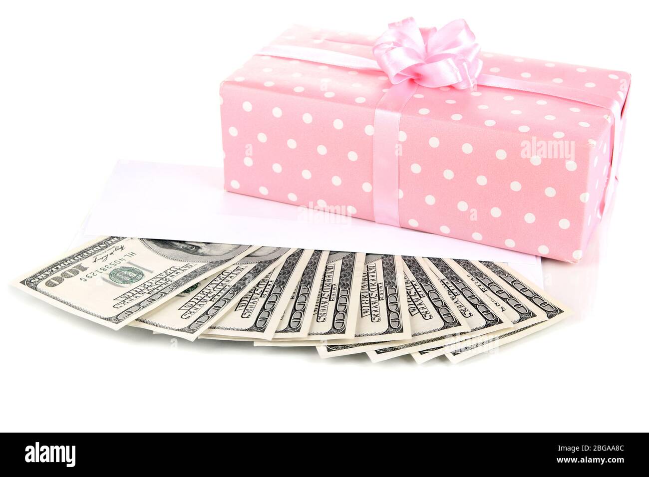 Gift box with money isolated on white Stock Photo - Alamy