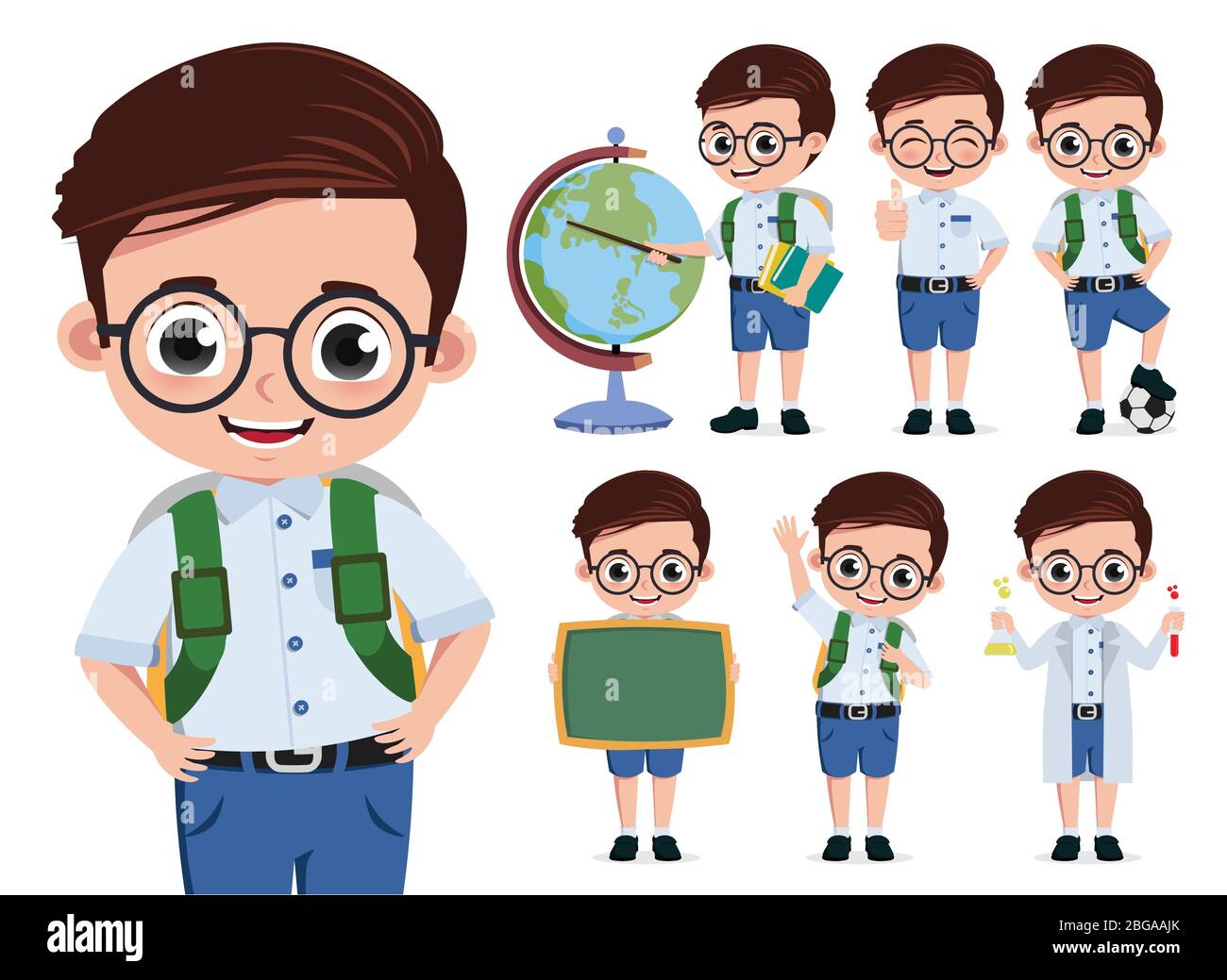 School kid student vector character set. Back to school cute boy ...