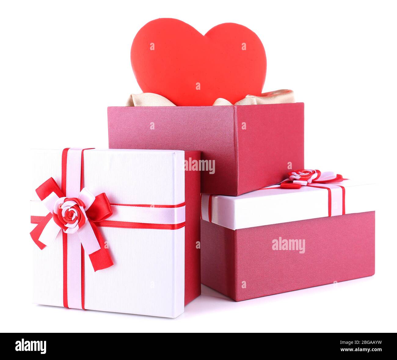Stack of gift boxes and decorative heart, isolated on white Stock Photo ...