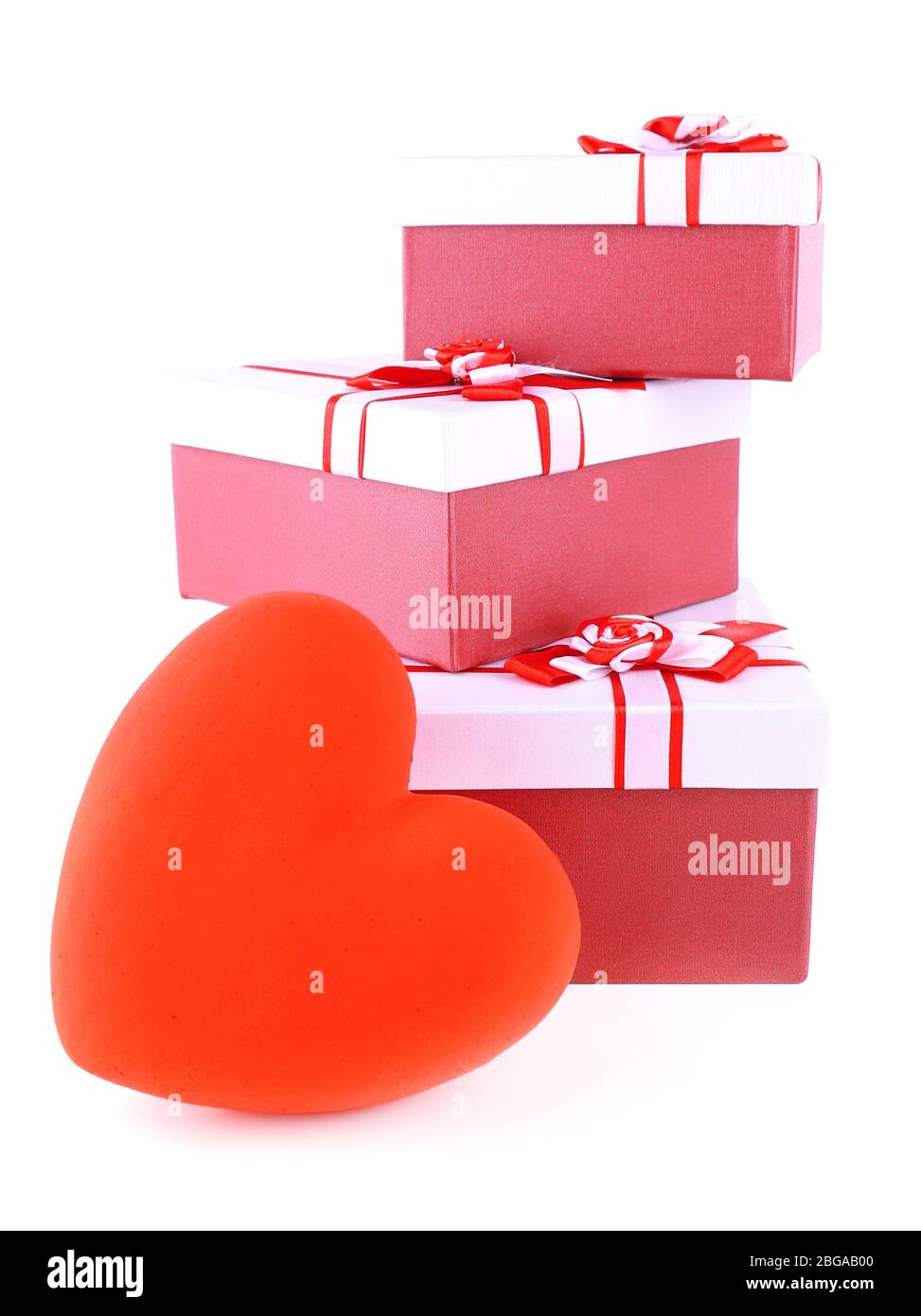 Stack of gift boxes and decorative heart, isolated on white Stock Photo ...