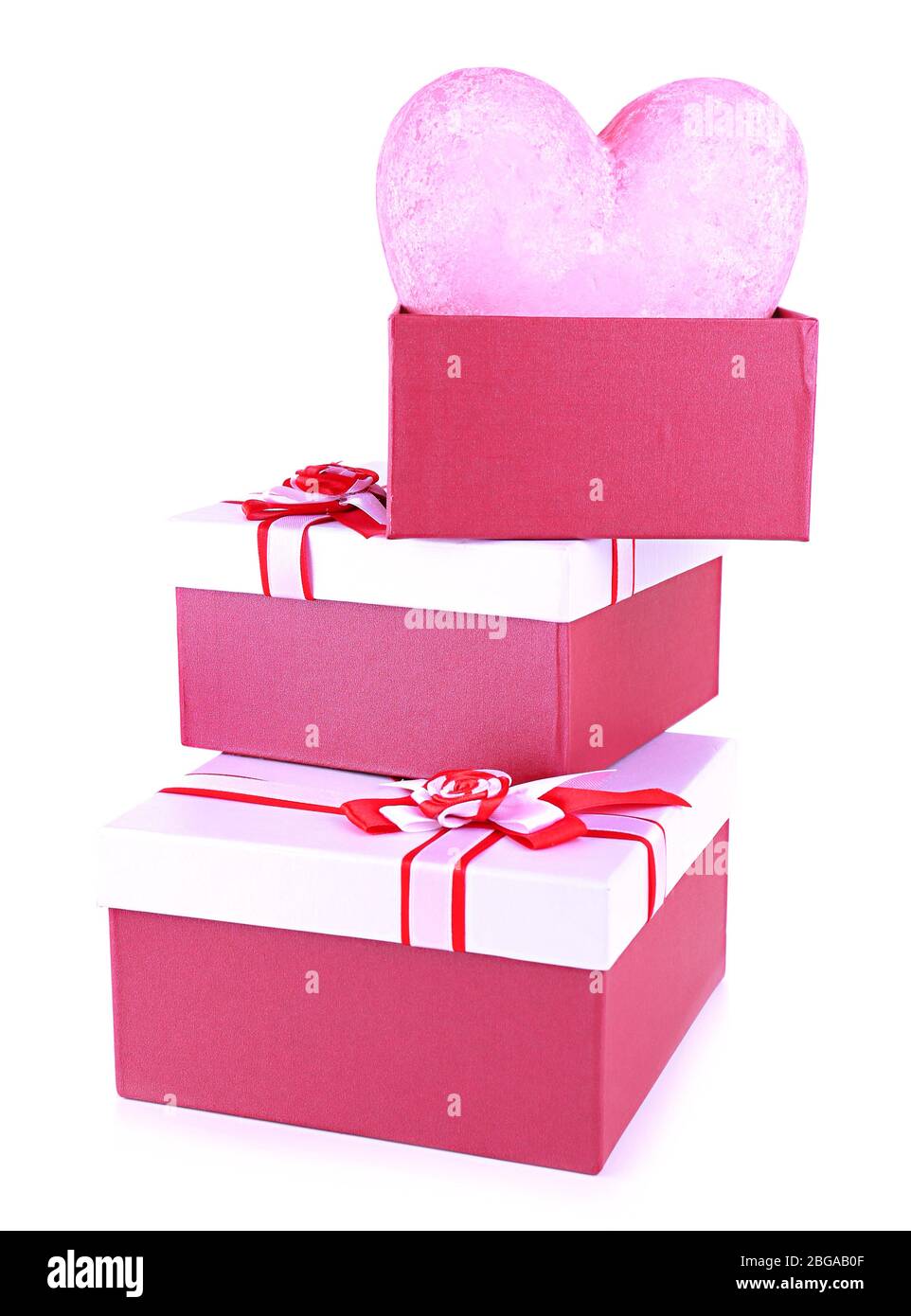 Stack of gift boxes and decorative heart, isolated on white Stock Photo ...