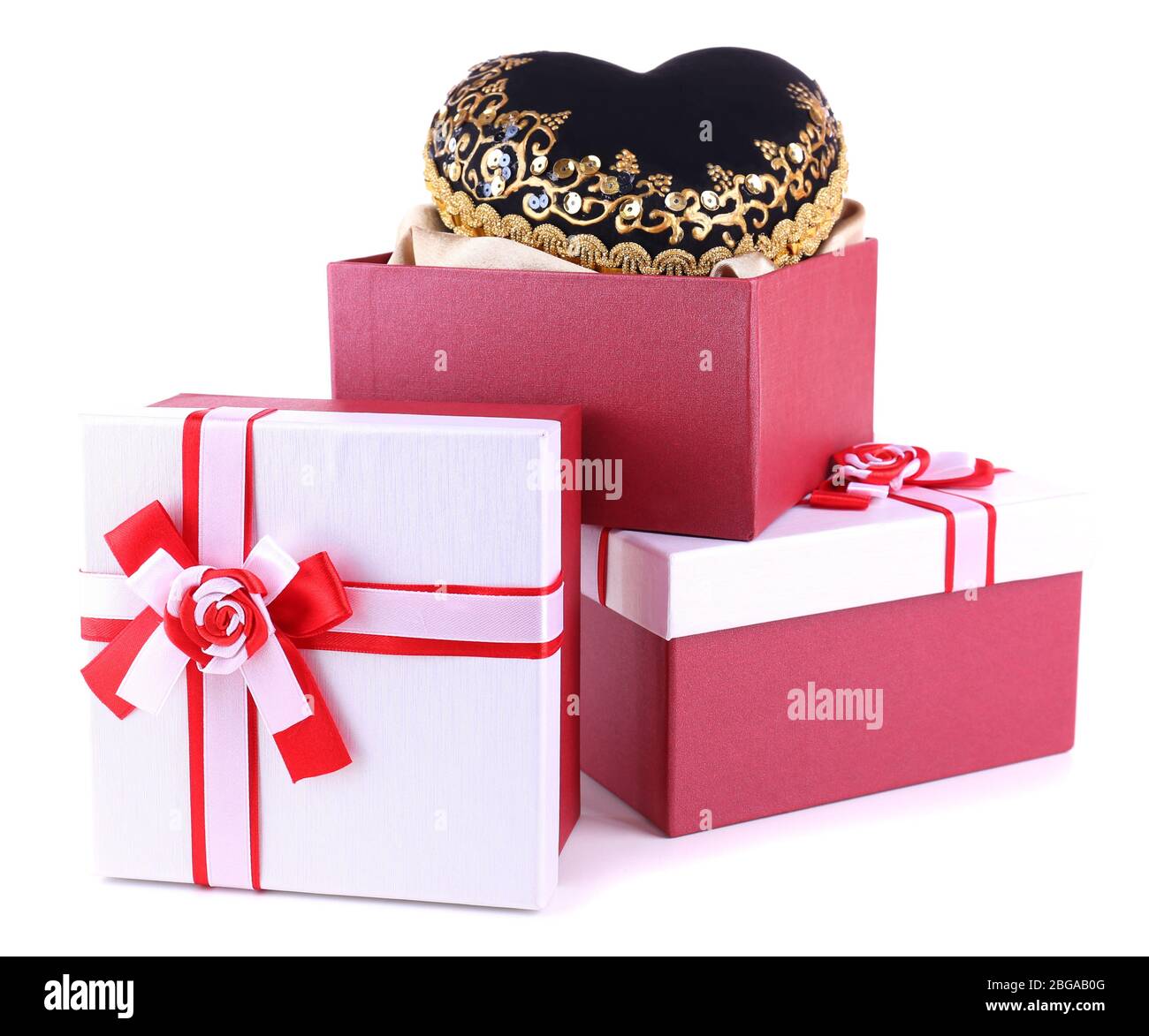 Stack of gift boxes and decorative heart, isolated on white Stock Photo ...